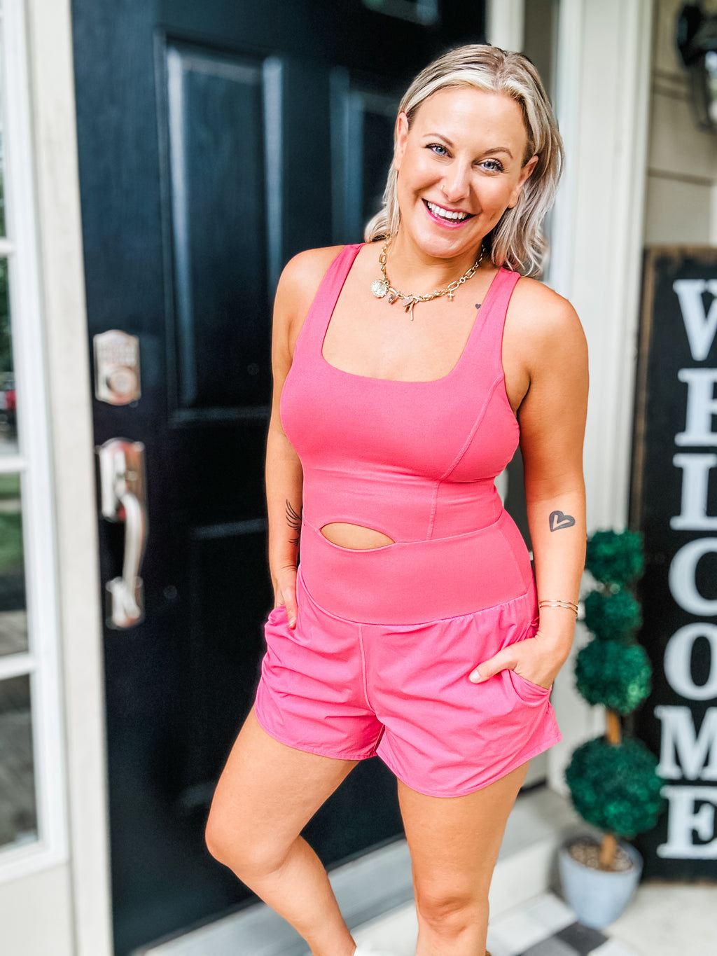 Raising Heart Rate Cutout Runsie In Coral Rose – Soul Happy Shop