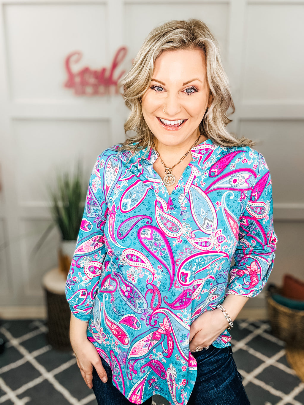 Lizzy Top in Aqua and Pink Paisley – Soul Happy Shop