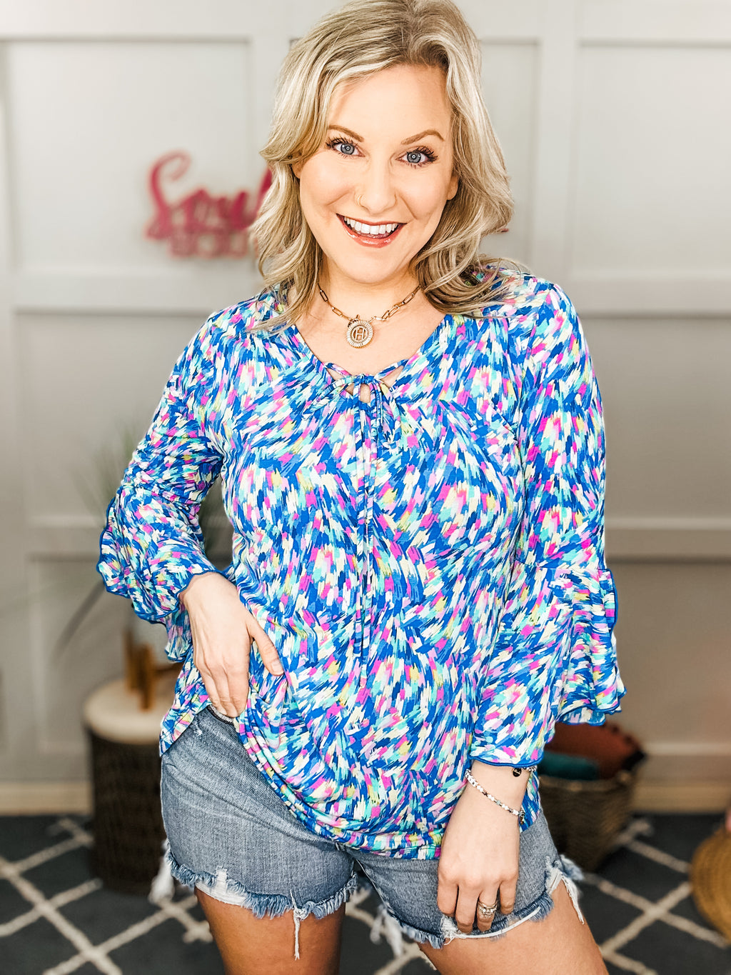 Willow Bell Sleeve Top in Royal Brushed Multi – Soul Happy Shop